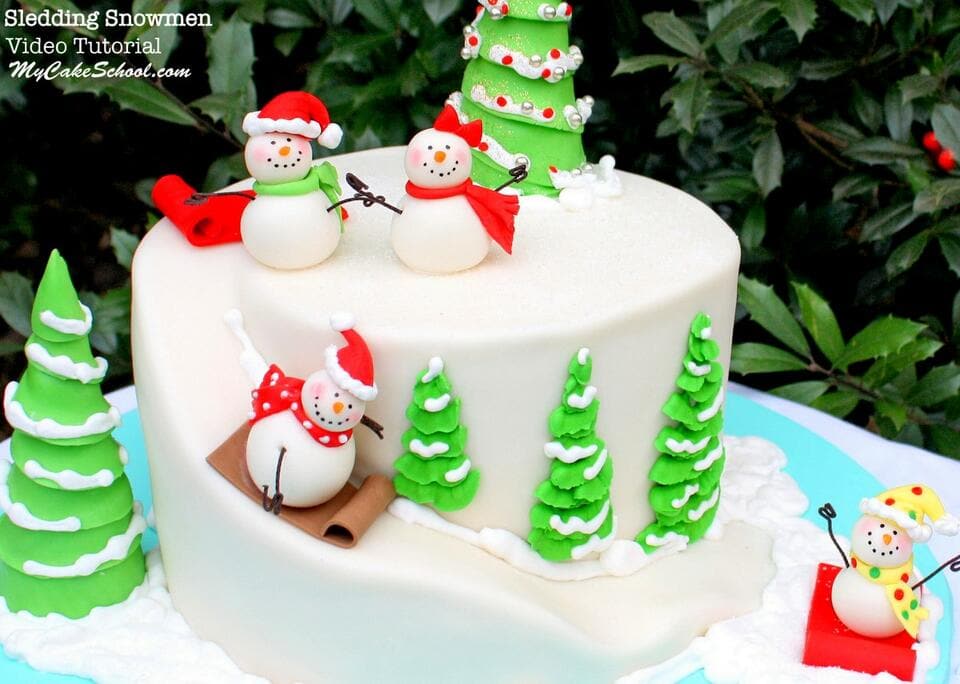 Sledding Snowmen Cake Video! - My Cake School